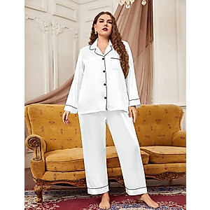 SWOMOG White Pajama Set for Plus Size Women Silk Satin Pajamas Long Sleeve Pjs Button-Down Pj Set Soft Sleepwear Set 18W