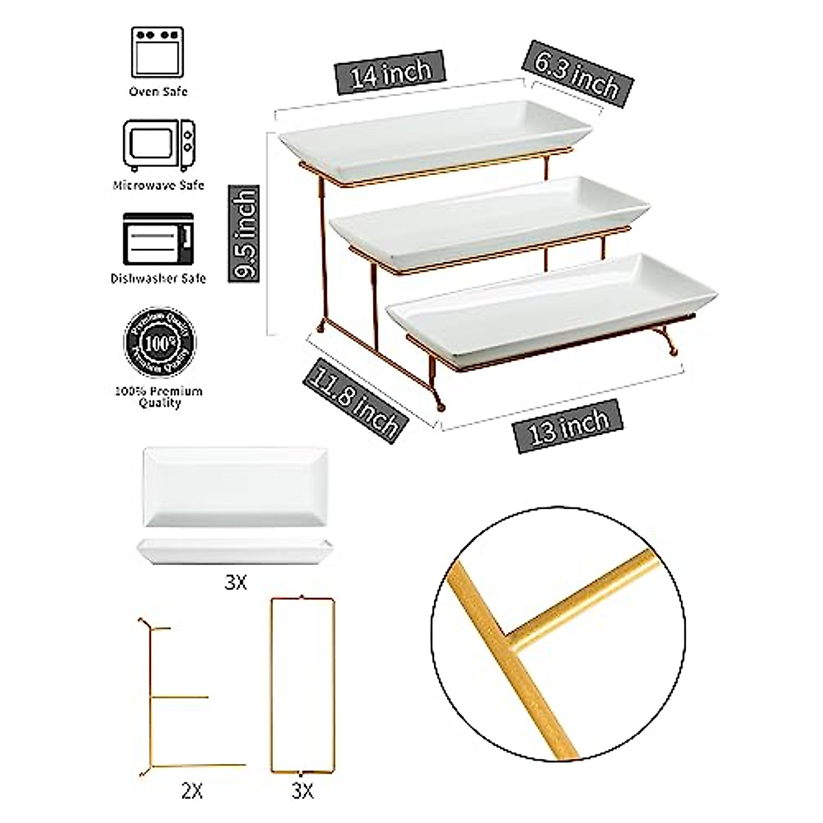 Large 3 Tier Serving Stand Tiered Serving Trays Collapsible Sturdier Rack with 3 Porcelain Serving Platters for Fruit Dessert Presentation Party Display Set, 14 Inch