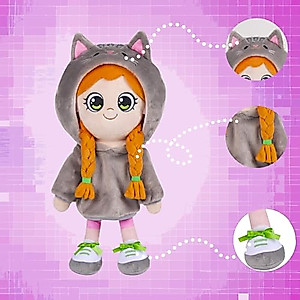 17" Soft Baby Doll Toys, My First Baby Doll with Grey Cute Kitten Character Hoodie Cloth, Soft Stuffed Rag Dolls for Toddler Kids Infants