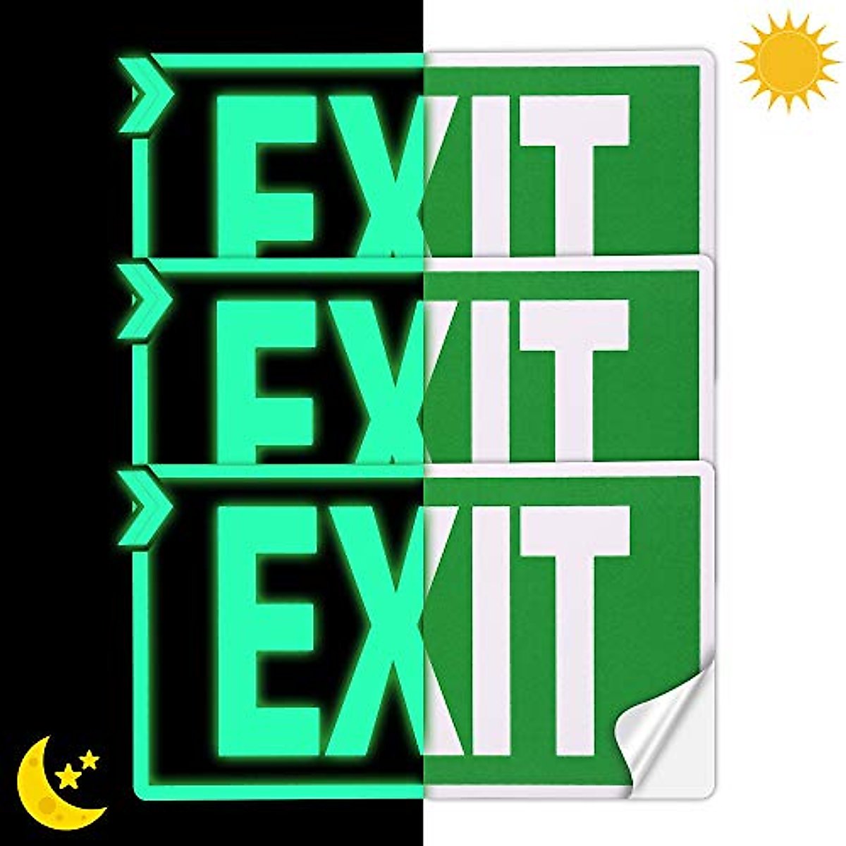 EXIT Signs Glow In The Dark EXIT Decals 3 Pack 12"x7" EXIT Photoluminescent Signs Stickers, Glows For Up To 8 Hours