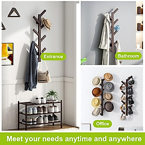 BMOSU Wall Mounted Coat Rack Coat Tree Hat Tree on The Wall with 8 Hooks Coat Rack for Hats Jackets Bags Scarves for Entrance Living Room(Black)(Brown)