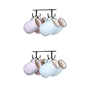 Fvstar 2pcs Mugs Holder Under Cabinet,Coffee Cups Hooks Under Shelf,Metal Mugs Drying Racks,Iron Mugs Hanging Organizer,Under Cabinet Hanger for Mugs,Kitchen Utensils,Black