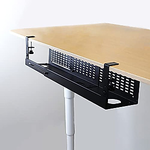 AEONS Under Desk Cable Management Tray Kit - Horizontal Adjustable up tp 41” Desk Organizer Removable C Clamp Mount Reversiable Computer Cord Raceway and Modesty Panel for Large Desk, Black