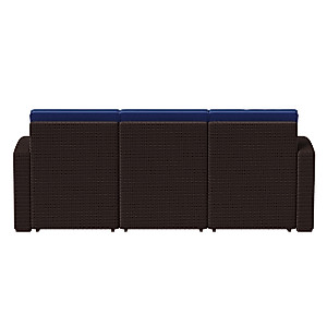 Flash Furniture Seneca Chocolate Brown Faux Rattan Sofa with All-Weather Navy Cushions