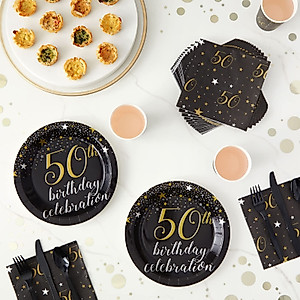 BLUE PANDA 144 Pieces 50th Birthday Party Supplies, Black and Gold Paper Plates, Napkins, Cups, Cutlery, Decorations (Serves 24) - 50th Party Decorations