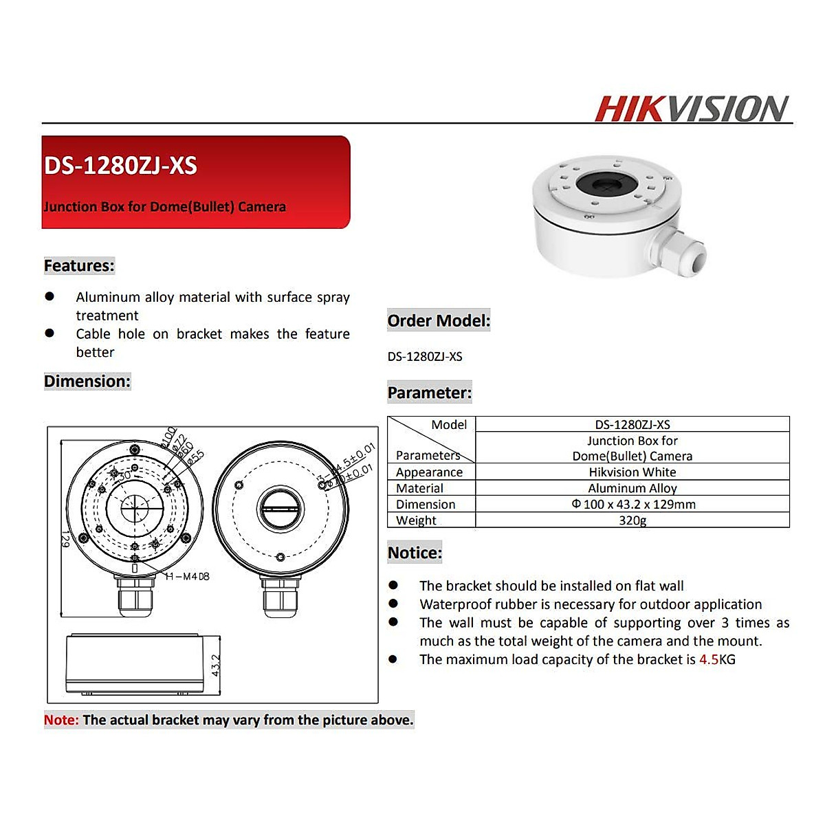 DS-1280ZJ-XS Aluminum Bracket Junction Back Box for Hikvision DS-2CD2042WD-I, 2CD20xx Series Bullet Cameras (4 Pack)