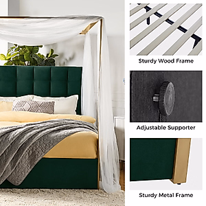 HULALA HOME Modern Upholstered Canopy Queen Size Bed,Champagne Metal Bed Frame with Upholstered Headboard,Noise-Free,Green
