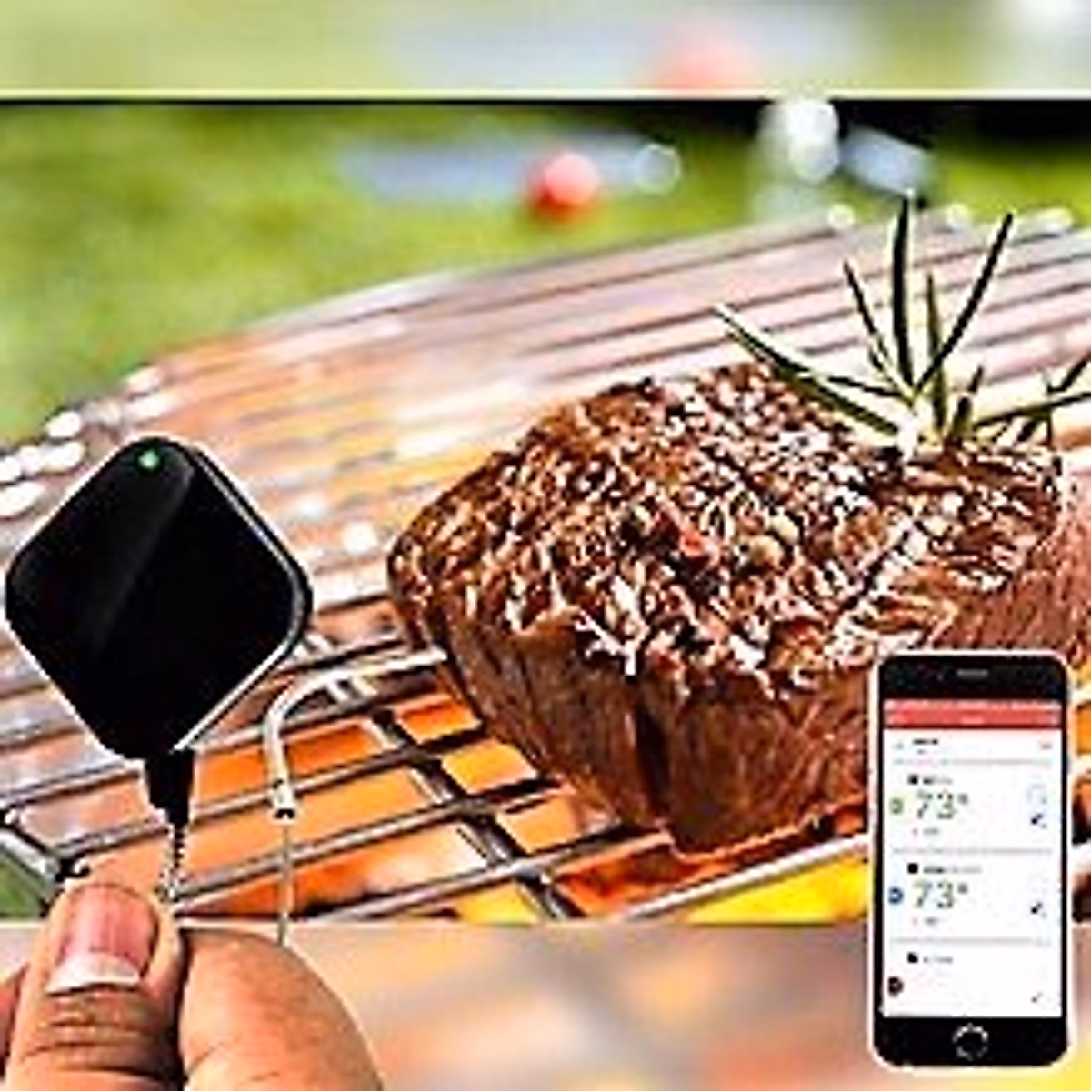NutriChef Smart Bluetooth BBQ Thermometer - Upgraded Stainless Probe Safe to Leave in Grill, Outdoor Barbecue or Meat Smoker - Wireless Remote Alert iOS Android Phone WiFi App - PWIRBBQ40