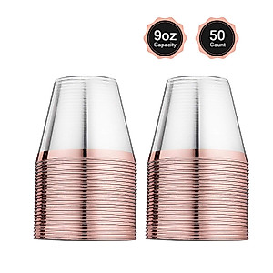 KARRAHOME 50 Rose Gold Cups 9 Oz Rose Gold Plastic Cups Fancy Disposable Wedding Cups Elegant Party Cups with Rose Gold Rim Flexible Party Wedding Rose Gold Plastic Tumblers