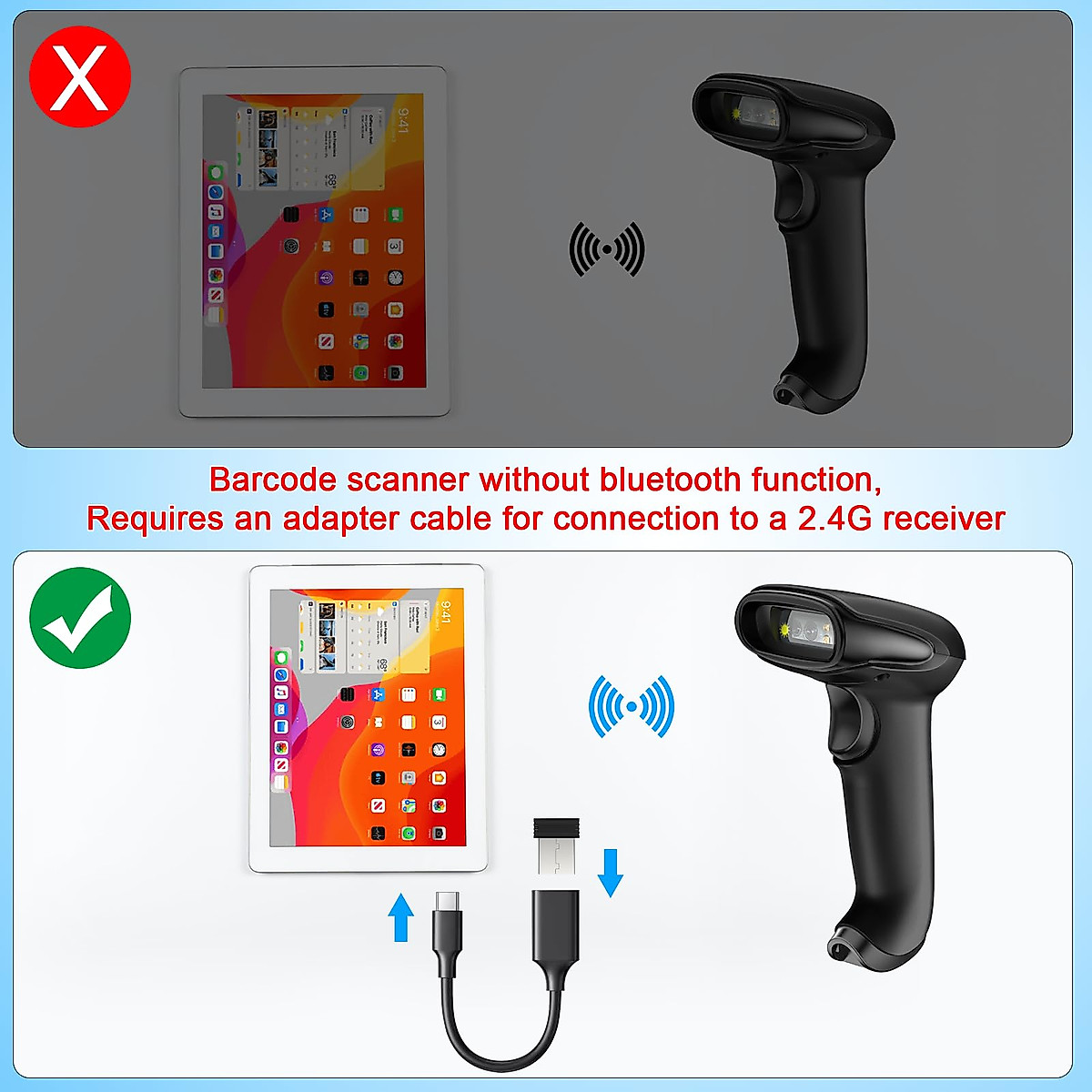 USB Wireless Barcode Scanner with Stand,Symcode Barcode Scanner Wireless Versatile 2-in-1 (2.4Ghz Wireless+USB 2.0 Wired) Rechargeable Cordless 1D Barcode Reader USB Handheld Bar Code Scanner Wireless