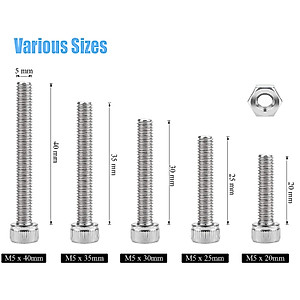 DYWISHKEY 70 Pieces M5 x 20mm/25mm/30mm/35mm/40mm Stainless Steel 304 Hex Socket Head Cap Bolts and Nuts Kit