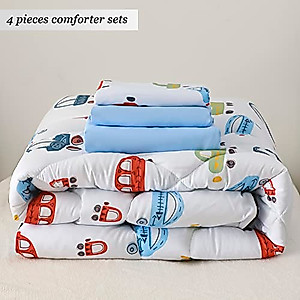 KINBEDY 4 Pieces White Toddler Bedding Sets for Boys Cars Blue Bed Sheets Set Cartoon Comforter Set for Baby Kids | Include Comforter, Flat Sheet, Fitted Sheet, Pillowcase