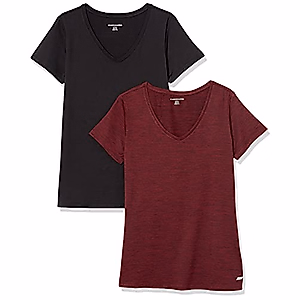 Amazon Essentials Women's Tech Stretch Short-Sleeve V-Neck T-Shirt (Available in Plus Size), Pack of 2, Black/Burgundy Space Dye, X-Large