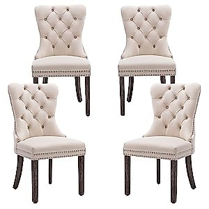 civama Dining Chairs Set of 4, Velvet Nikki Collection Dining Room Chair Upholstered Modern Luxury Tufted with Nailhead Trim Back Pull Ring Solid Wooden Legs, Beige