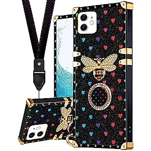 Loheckle for iPhone 11 Case for Women, Designer Square Cases for iPhone 11 with Ring Stand Holder and Lanyard, Cute Design Luxury Bees Squared Edges Cover for iPhone 11 6.1 Inch
