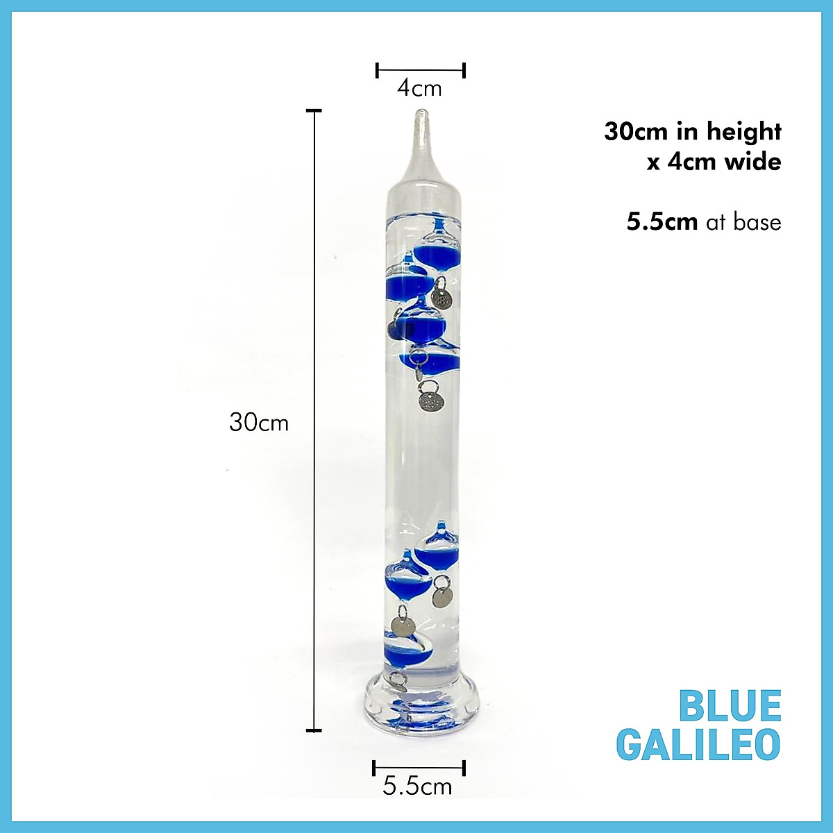 30cm Tall Free Standing Galileo Thermometer with Seven Blue Floating Globes | Measures temperatures from 16 Degrees Centigrade to 28 Degrees | Also in Fahrenheit | Weather Station | Water Thermometer