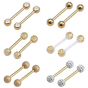 CrazyPiercing 12Pcs Stainless Steel Tongue Ring Barbell Retainer Body Piercing Jewelry 14G (Gold Pack)