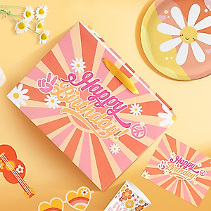 Large Groovy Happy Birthday Gift Bag with Card and Tissue Paper Boho Hippie Birthday Party Favors Daisy Flower Birthday Gift Wrap Bag with Handles for Retro Birthday Baby Shower Party Supplies
