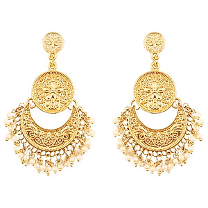 Touchstone Indian earrings for women jewelry jhumkas gold folklorico dangle bollywood wedding clip on gypsy chandbali chandelier aretes de charro navratri filigree accessories in antique gold tone.