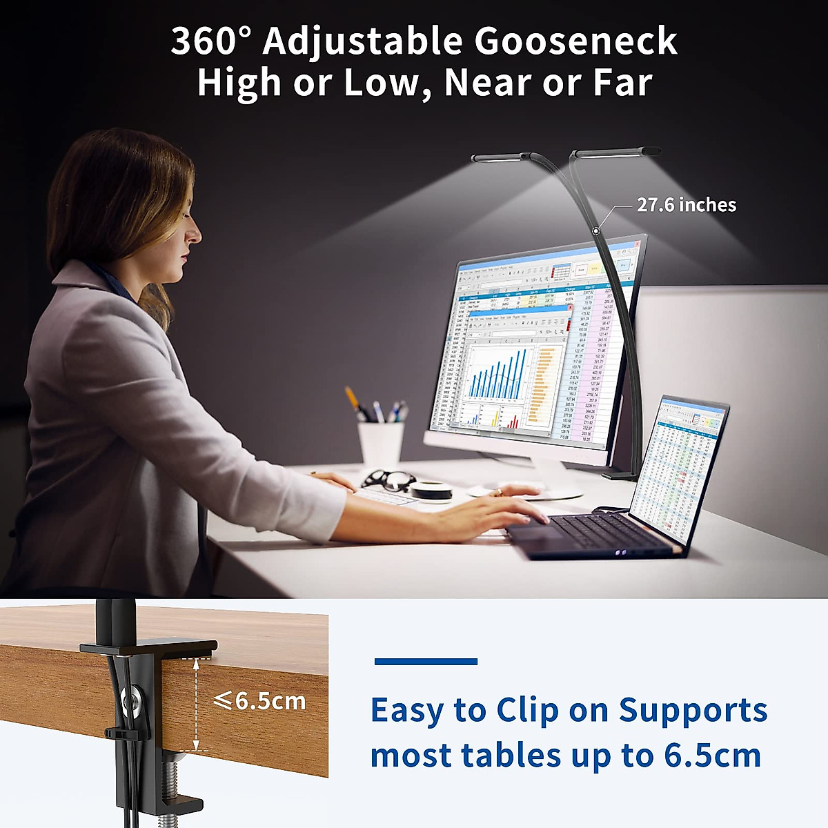 iZELL 154 LED Dimmable Desk Lamp - 【3 Colour Temperatures & 10 Brightness Levels】 2X 70cm Flexible Gooseneck with Swivel Clamp, Easy Clip on Reading Light, Led Table Lamp, Work Lamp for Home/Office