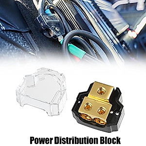 X AUTOHAUX 1pcs 0/2/4 Gauge in 4/8 Gauge Out 2 Way Copper Stereo AMP Power Ground Distribution Block for Car Audio Splitter