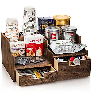 Goaste Coffee Station Organizer with 2 Drawers, Wooden Coffee Bar Accessories Organizer, Countertop K-Cup Storage Holder, Coffee Pods Storage Box, Tea Bag Condiment Organizer for Home, Office
