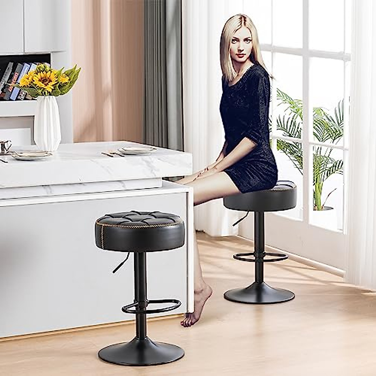 Purgreen Modern Adjustable Height Swivel Circular Bar Stools,360°Counter Height Swivel Chair,Comfortable Faux Leather Seat,Ideal for Home Kitchen Island Living Room and Bar Space