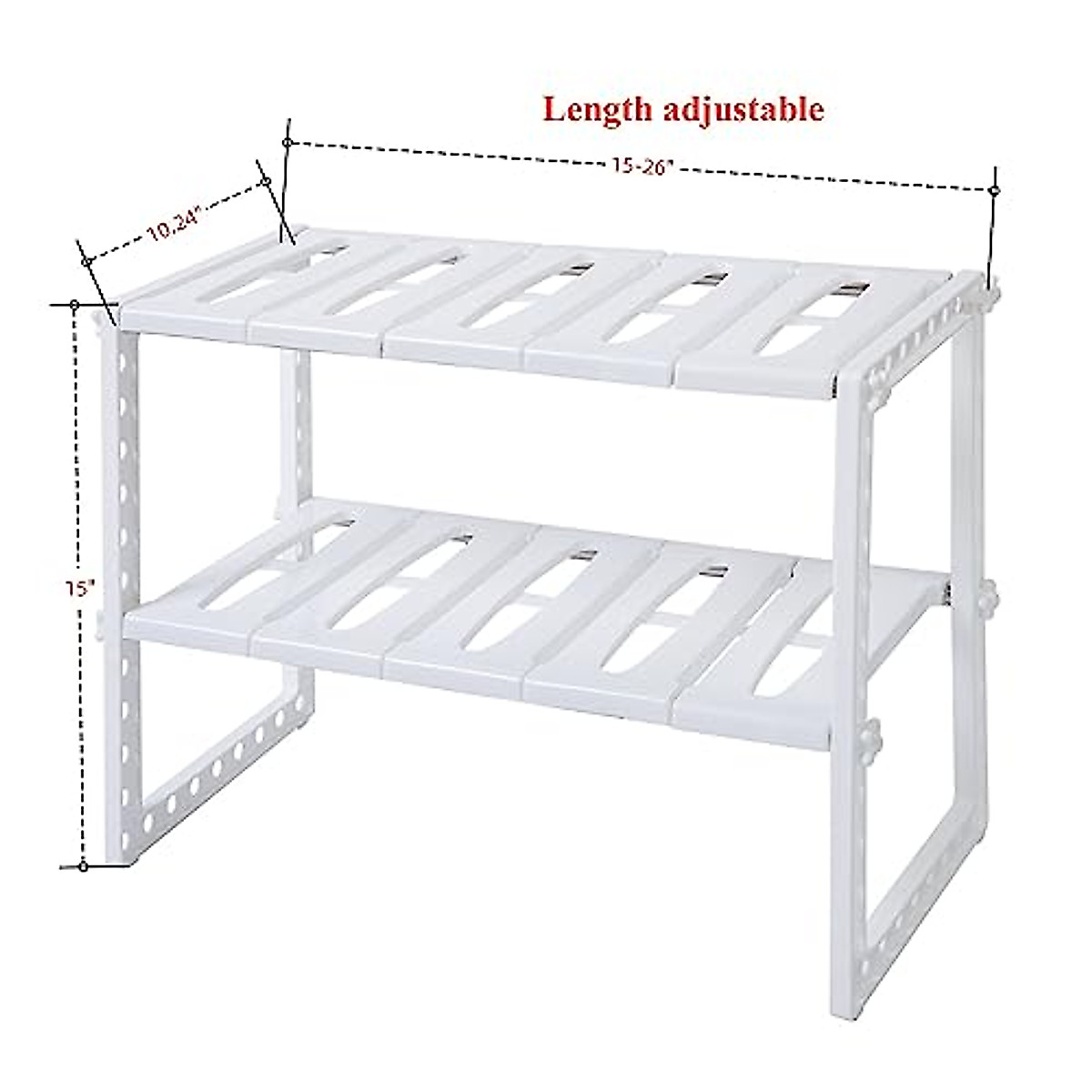 2-Tier Under Sink Organizers Storage Rack Extendable Kitchen Cabinet Shelf Organizer Rack Under Sink Shelf White;Length extendable from 15"to26"