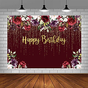 ABLIN 7x5ft Gold Happy Birthday Burgundy Backdrop Woman Girl Burgundy Red Purple Flowers Photo Background Dripping Beads Floral Party Decorations Cake Table Banner Supplies