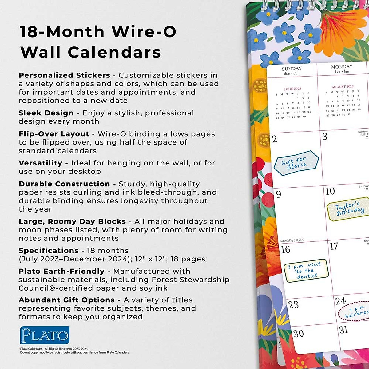 Bonnie Marcus | 2024 12 x 12 Inch 18 Months Monthly Square Wire-O Calendar | Sticker Sheet | July 2023 - December 2024 | Plato | Fashion Designer Stationery