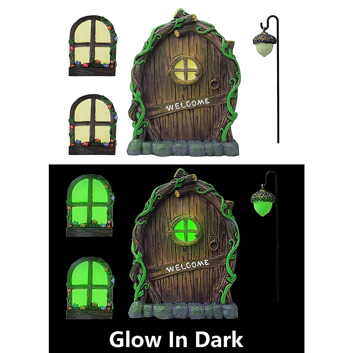 SONSIL Resin Miniature Fairy Gnome Home Windows and Welcome Door with Fairy Lantern,Glow in Dark Art Sculpture for Trees Outdoor Indoor Garden Yard Wall Decorations