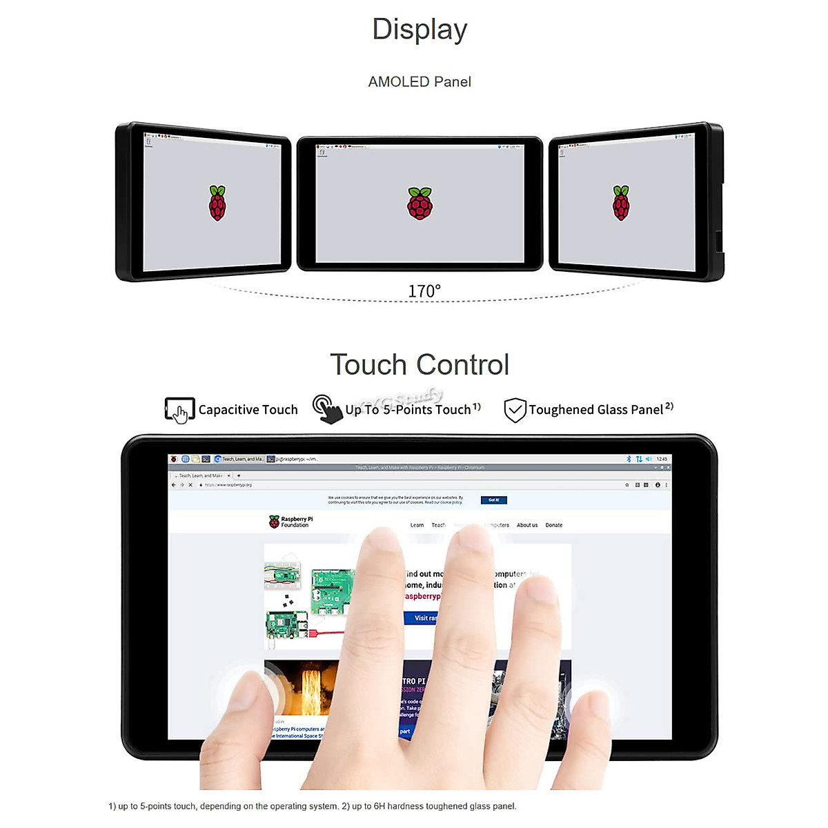 XYGStudy 5.5 inch Raspberry Pi HDMI Capacitive Touch AMOLED Display Monitor Toughened Glass Panel 1080×1920 with Protection Cover Case for Mini PC Raspberry Pi 4 Model B Computer Monitor