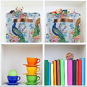 Large Storage Basket Peacock Tropical Animal Cube Storage Bin Canvas Fabric Organizer Handles Collapsible Decorative Bedroom