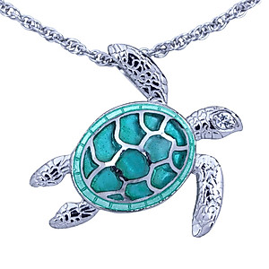 NAUTORA Green Sea Turtle Necklace Crafted in Sterling Silver and Green Vitreous Enamel with an 18 Inch Chain