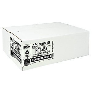 Aluf Plastics RCT-45X Star Sealed Coreless Rolls with E-Z Tie Flap Closure, 45 gal, Polyethylene, 40" x 46", Black (Pack of 100)