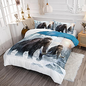 AILONEN 3D Mammoth Comforter Set Queen Size, Wild Animal Theme Bedding Set for Livingroom Decor,Glacial Mammoth Migration Duvet Set for All Ages,1 Quilt and 2 Pillowcases,3-Piece