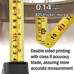25FT Measuring Tape by ASSIST-Easy Read Double Side Printing with Metric and Inches，2.6m Level Standout Blade,Heavy Duty Shock Absorbent Rubber Case-for Construction，Surveyor