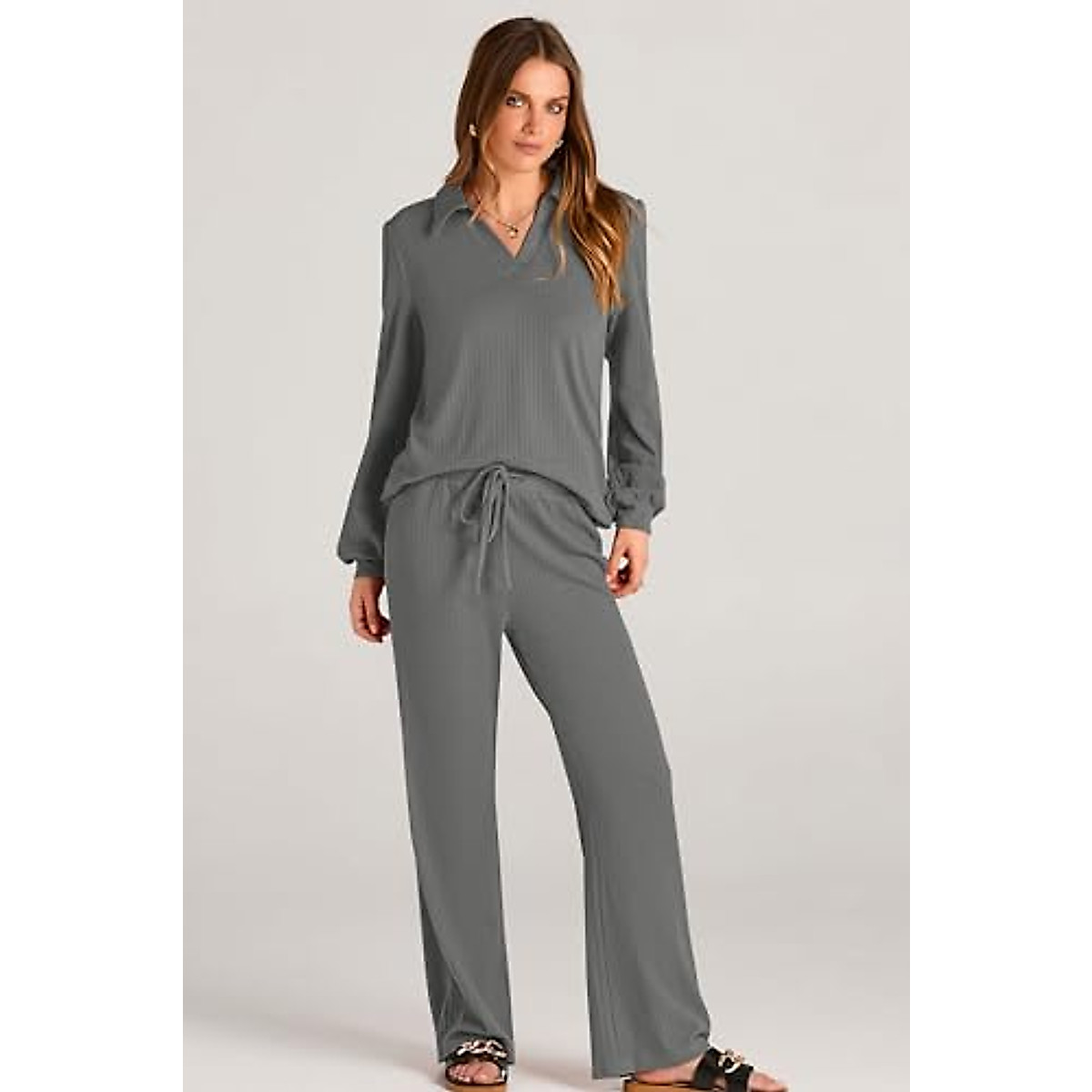 PRETTYGARDEN Women's Fall 2024 Two Piece Tracksuit Outfit Long Sleeve Lapel V Neck Tops Blouses Wide Leg Pants Matching Set (Grey,Large)