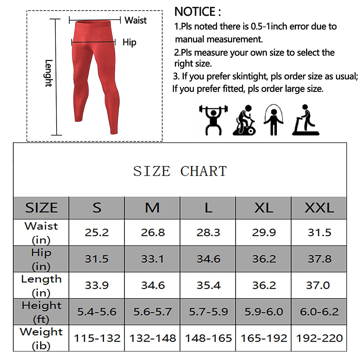 WRAGCFM Men's Compression Pants Cool Dry Athletic Workout Leggings Running Active Sports Tights Base Layer(Red, M)