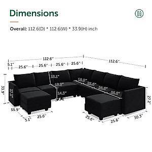 HONBAY Modular Sectional Sofa Velvet U Shaped Couch with Storage Oversized Sectional Sofa Couch for Living Room, Black
