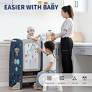 UNICOO –Kids Kitchen Step Stool with Double Safety Rails, Toddler Learning Stool with 3 Adjustable Heights and Non-Slip Foot Pads, Toddler Tower for Kitchen Countertop and Bathroom (OMLT-Dark Blue)