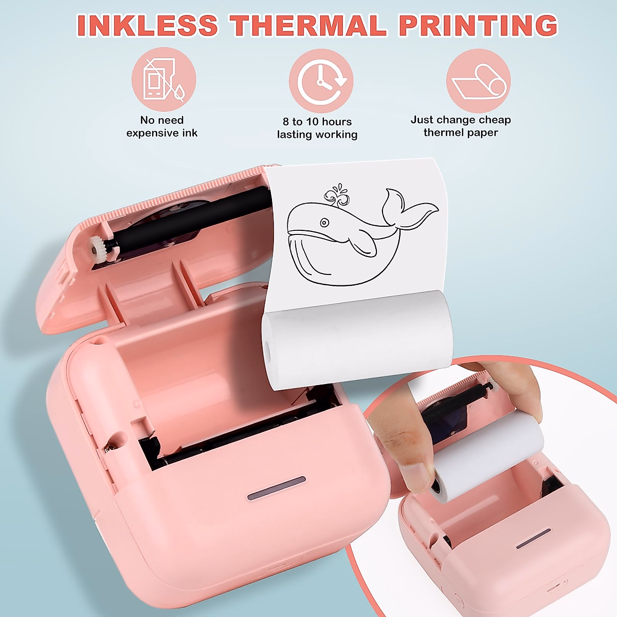 Bakoor Portable Printer, Sticker Printer with 5 Rolls Thermal Paper, Gift for Kids, Friends, Monochrome Printer for Pictures, Photos, Journals, DIY, Compatible with Android or iOS APP