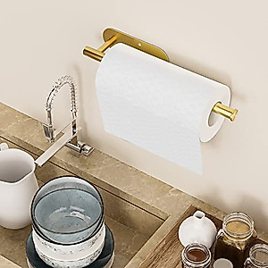 Youdian Gold Paper Towel Holder Under Cabinet,Under Counter Paper Towel Holder Wall Mount for Kitchen Bathroom Organization Storage,Adhesive and Screws,Stainless Steel,13 inch with 5 Hooks