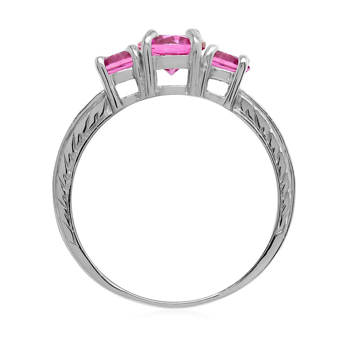 Silvershake Created Pink Tourmaline 925 Sterling Silver 3-Stone Anniversary Engagement Ring for Women Size 6.5