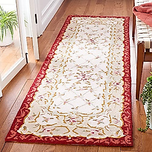 SAFAVIEH Chelsea Collection 2'6" x 8' Ivory / Burgundy HK73A Hand-Hooked French Country Wool Runner Rug