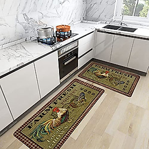 Rooster Kitchen Rugs 2/5 Inch Thick Cushioned Anti Fatigue Kitchen Floor Mat,Set 2 Farmhouse Buffalo Plaid Non Slip Floor Runner Rug Comfort Mat Carpet for Laundry Office,17.3" x 28" + 17.3" x 47"