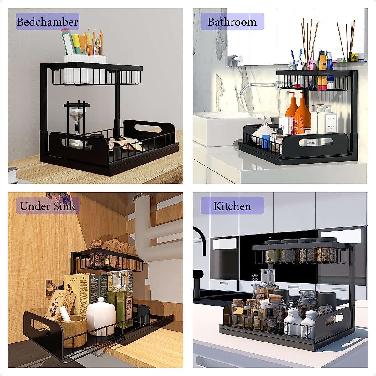 waoory Under Sink Organizer,2 Tier Pull Out L-Shape Cabinet Organizer Sink Shelf Cabinet Storage Shelves Multi-Purpose Sink Organizer for Bathroom Kitchen Drawer,Sturdy Metal,Black