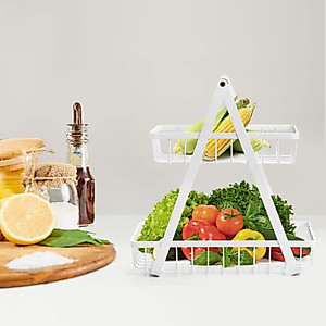 2-Tier Fruit Basket, Metal Fruit Bowl Bread Baskets Countertop Vegatable Storage Stand for Kitchen, White