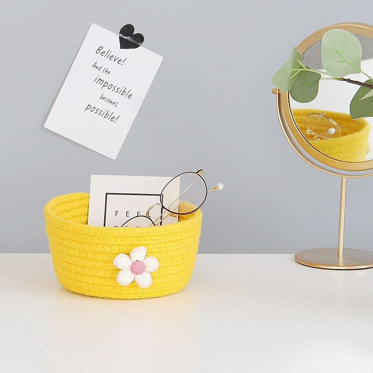 Cute Flower Cotton Rope Woven Storage Basket Desktop Makeup Storage Box Children's Toy Laundry Basket Makeup Storage Box(Pink)