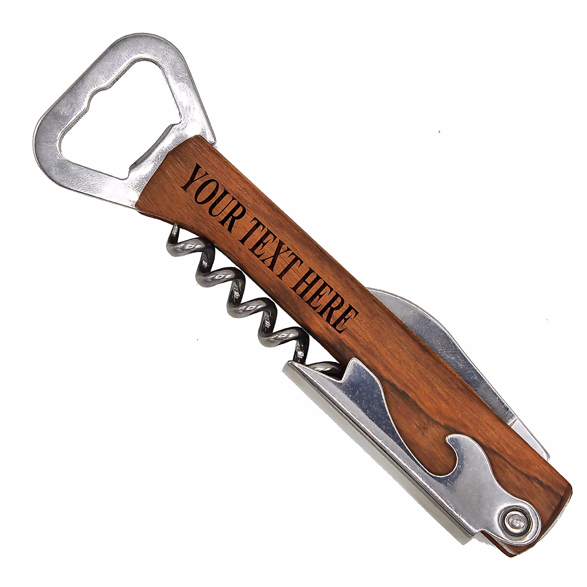 Custom Engraved Wine and Beer Corkscrew Multi Tool - Personalized with Your Text (Wood)